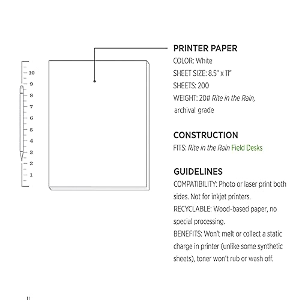 Rite in the Rain All-Weather Copier Paper, 8 1/2" x 11", 20# White, 200 Sheet Pack (No. 8511)