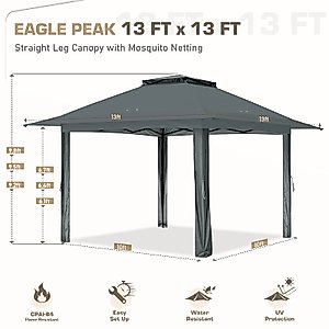 EAGLE PEAK 13x13 Pop Up Gazebo with Mesh Netting, Easy Up Screened Canopy for Patio and Backyard, Easy Set up Outdoor Gazebo (Gray)
