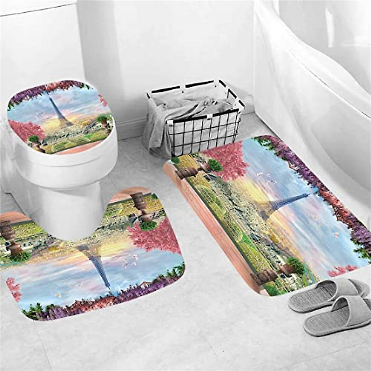 4PCS Eiffel Tower Shower Curtains with Rugs Bath Mat Toilet Lid Cover and 12 Hooks Waterproof Paris Tower Bathroom Shower Curtain Set