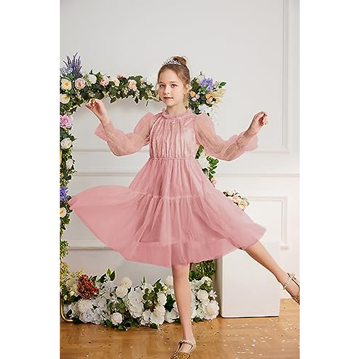 GRACE KARIN Girls Pink Dress Mesh Long Sleeve Flared Party Dresses Size 5-6 Fall Flower