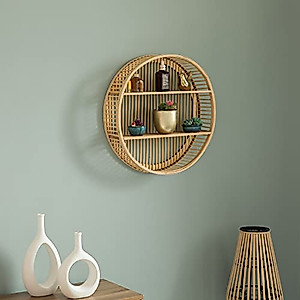 Vintiquewise Decorative Rattan Round Display Shelf with 2 Shelves for The Dining Room, Living Room, or Office.