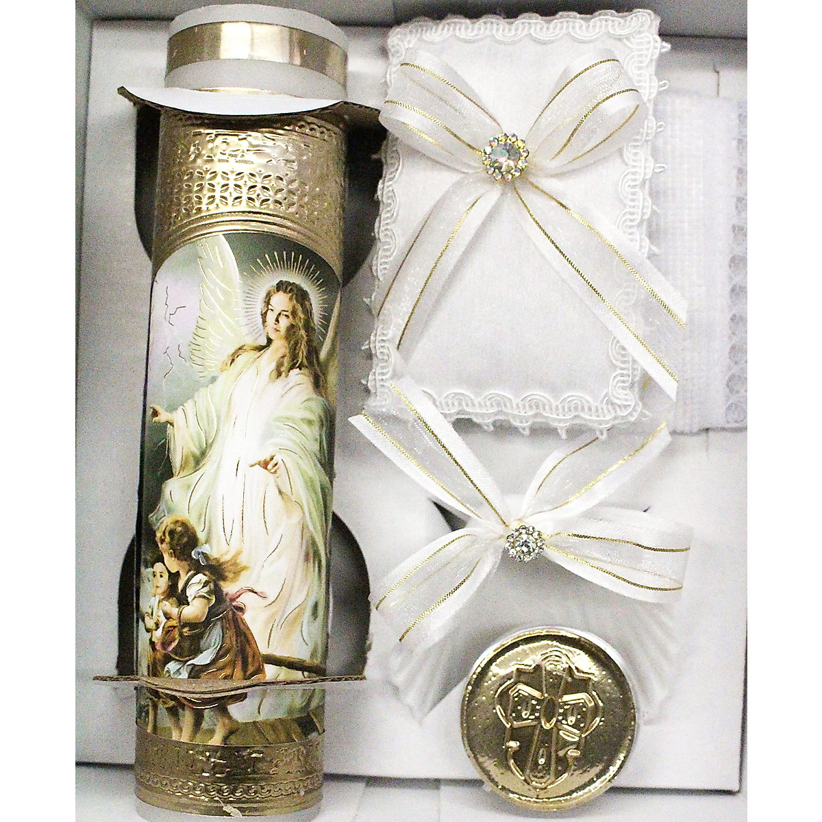 Beautiful Handmade 5pc. Angels with Kids Foil Baptism Christening Shells Candle Set Favors Girl Boy White Set de Bautizo Espanol Nina Nino Baptism Communion Lace Gift Box