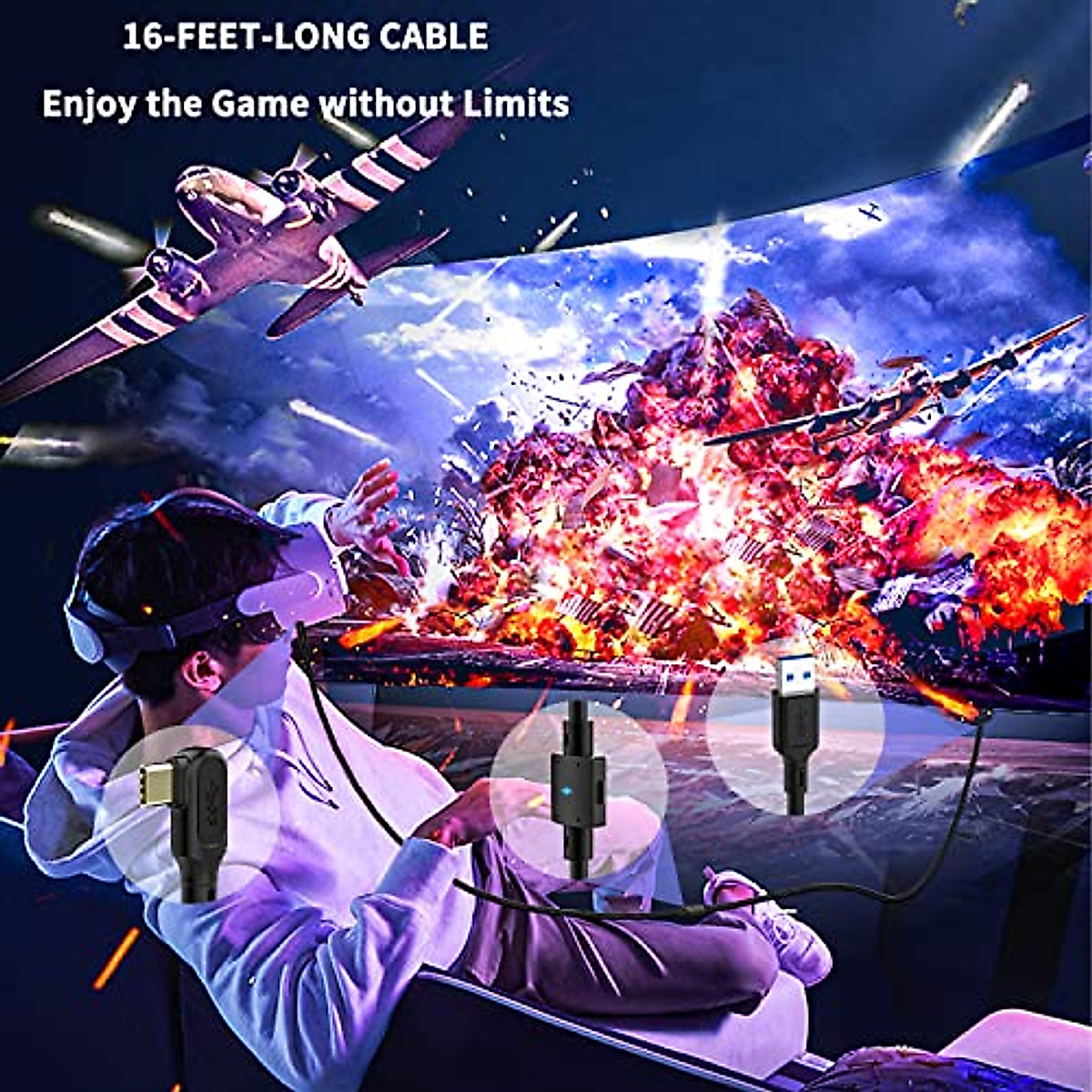 Oculus Quest 2 Link Cable – 16FT Ultra-Durable & Smart Charging
