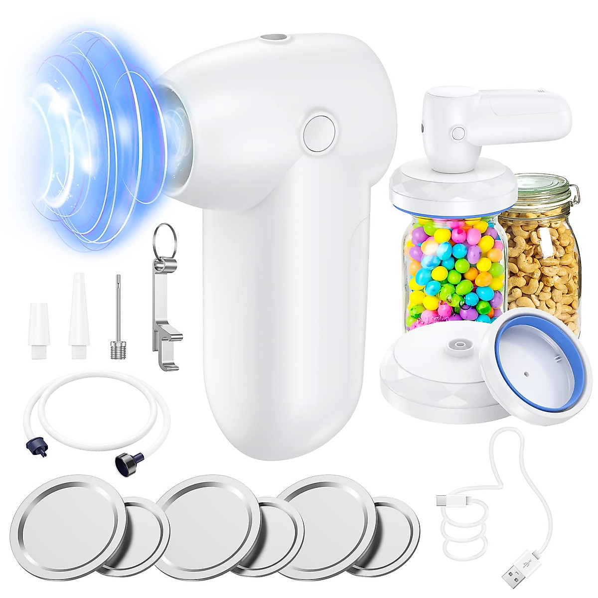 Mason Jar Vacuum Sealer Food Saver Jar Sealer 6 in 1 Electric Handheld Vacuum Sealer Air Pump for Wide and Regular Mouth Mason Jar Compatible with Food Saver Vacuum Sealer Machine (White)