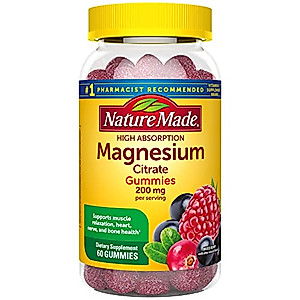 Nature Made High Absorption Magnesium Citrate 200 mg per serving, Dietary Supplement for Muscle, Nerve, Bone and Heart Support, 60 Gummies, 30 Day Supply