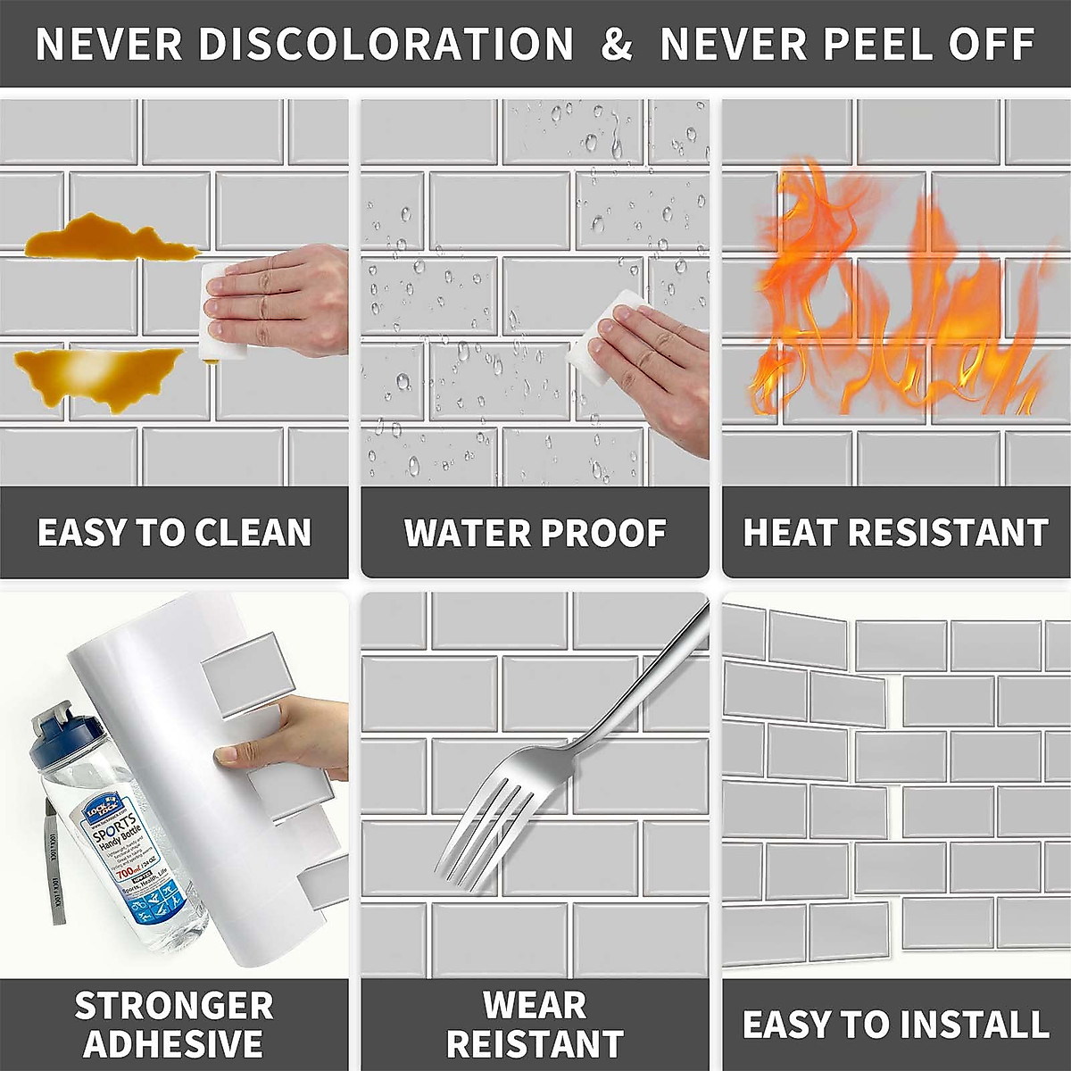 URCOLOR 10-Sheet Subway Tile Peel and Stick Backsplash for Kitchen,12"x12" Self Adhesive Wall Tiles Sticker on Back Splashes for Bathroom Gray