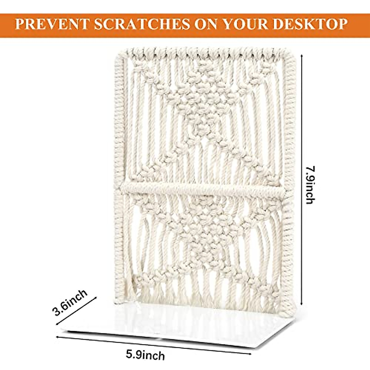 2 Pieces Boho Macrame Bookends Metal Book Stopper Farmhouse Modern Decorative Book Ends Movies CD Book Holders for Office Home Book Shelf (7.9x5.9x3.6 inch)