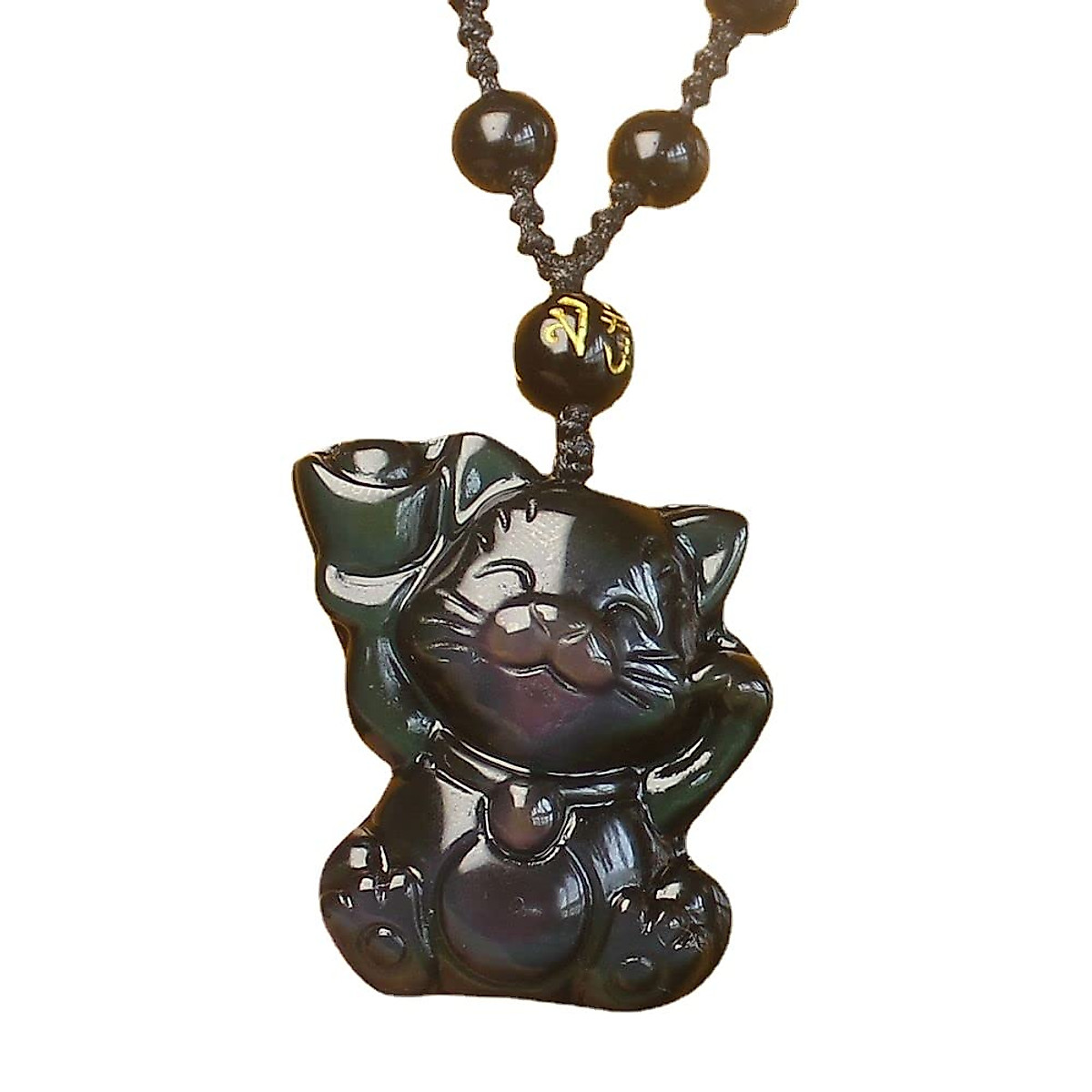 Natural rainbow Obsidian crystal Fortune lucky cat Necklace Amulet pendant bead with adjustable bead chain for Women or Men