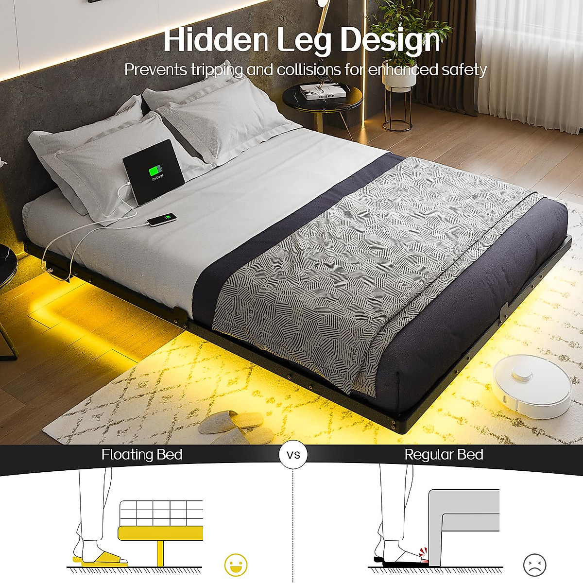 Queen Size Floating Bed Frame with LED Lights, USB Charging Station, Modern Metal Platform Bed Frame, Noise Free No Box Spring Needed and Easy Assembly