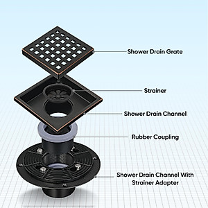 TICONN 4'' Square Floor Shower Drain, Lattice Square Perforated Pattern Easy Cleaning Removable Grate, Rustproof SUS 304 Stainless Steel (Oil Rubbed Bronze, 4'')