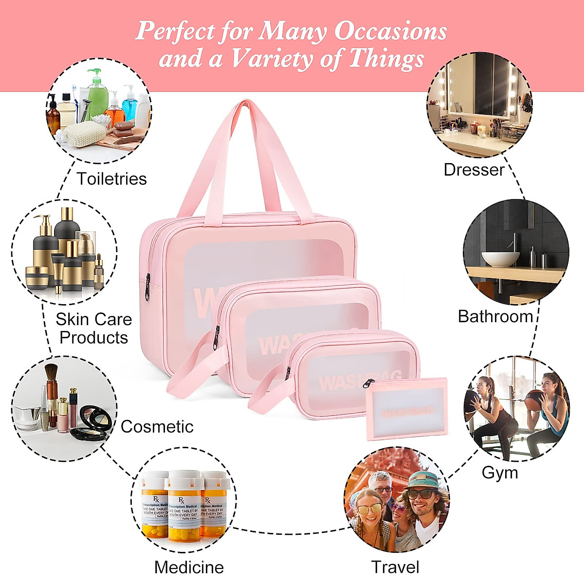 YuanCheng Upgrade Travel Toiletry Bags for Women, Pack-4 Different Size Make Up Bags with Handle, Large Capacity Translucent Waterproof Travel Cosmetic Bags (Comestic Bag-Pink)