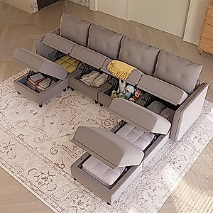 LLappuil Velvet Modular Sectional Sofa with Reversible Chaises, 7 Seater U Shape Sectional with Storage, Waterproof, Anti-Scratch and Antistatic Modular Couch for Living Room, Brown