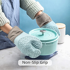 LB Silicone Oven Mitts Heat Resistant Oven Mitts Set with Soft Quilted Cotton Lining, Gloves Pot Holders and Oven Mitts Sets for Kitchen Cooking and BBQ, Easy Clean 2-Piece Set (Blue)