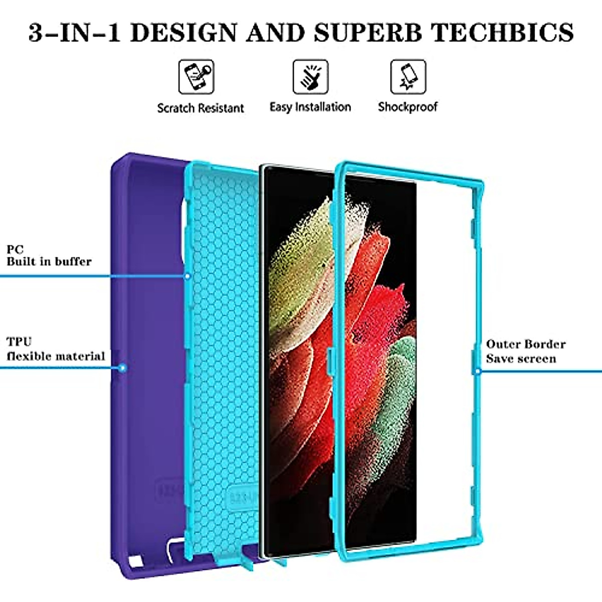 Qinmay Phone Case for Samsung Galaxy S23 Ultra Case with HD Screen Protector, Heavy Duty Shockproof & Dropproof 3-Layer Cover Phone Case for Galaxy S23 Ultra (Purple)