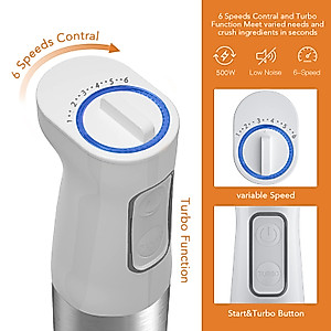 Enfmay 5-in-1 Immersion Hand Blender, 500W 6-Speed Handheld Stick Blender with Stainless Steel Blades,Whisk & Milk Frother, BPA-Free Chopper Beaker for Soups, Smoothies, Sauces, Baby Foods, White