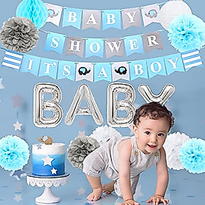 Elephant Baby Shower Decorations for Boy Blue and Sliver, It's A Boy Banner Paper Lantern Paper Pom Poms Flower Honeycomb Balls For Elephant Themed Baby Shower Decor