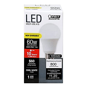 Feit Electric LED Light Bulbs, A19 60W Equivalent, Non Dimmable, 800 Lumens, A19 LED Light Bulbs, E26 Base, 4100k Cool White, A19 LED Bulbs, 10 Year Lifetime, 1 Pack, A800/841/10KLED