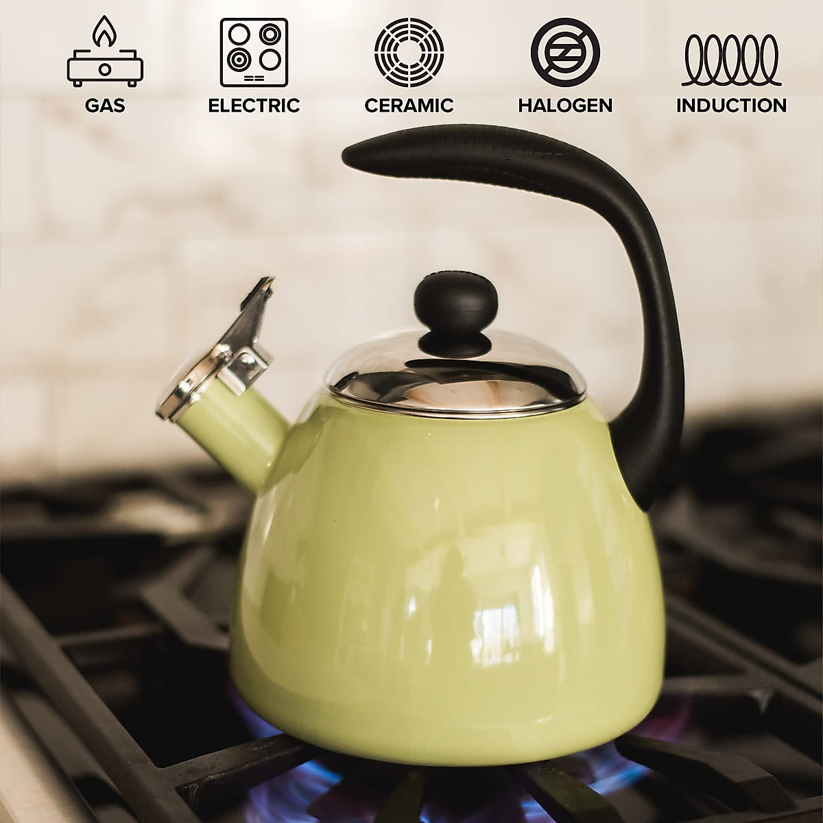 Farberware Bella Water Kettle, Whistling Tea Pot, Works For All Stovetops, Porcelain Enamel on Carbon Steel, BPA-Free, Rust-Proof, Stay Cool Handle, 2.5qt (10 Cups) Capacity (Apple)
