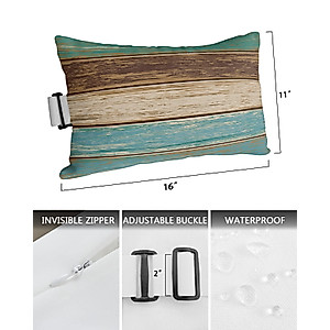 Teal Wood Grain Outdoor Chaise Lounge Head Resting Pillows 2 Pack, Farm Teal Brown Wooden Board Waterproof Patio Furniture Pillow with Insert Adjustable Elastic Stripe for Recliner Beach Chairs