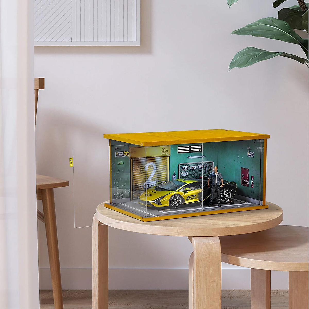 cxiiuui 1/18 Scale Display Case Car Garage Moldel with LED Light and Acrylic Cover Wooden Diecast Car Show Case 1 Parking Spaces Green