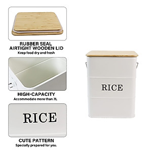 Gdfjiy Rice Container Metal Rice Storage Bin, Rice Storage Box with Airtight Bamboo Lid & Scoop, Food Storage Container for Rice Flour Soybean Grain Cereal (Cream White)