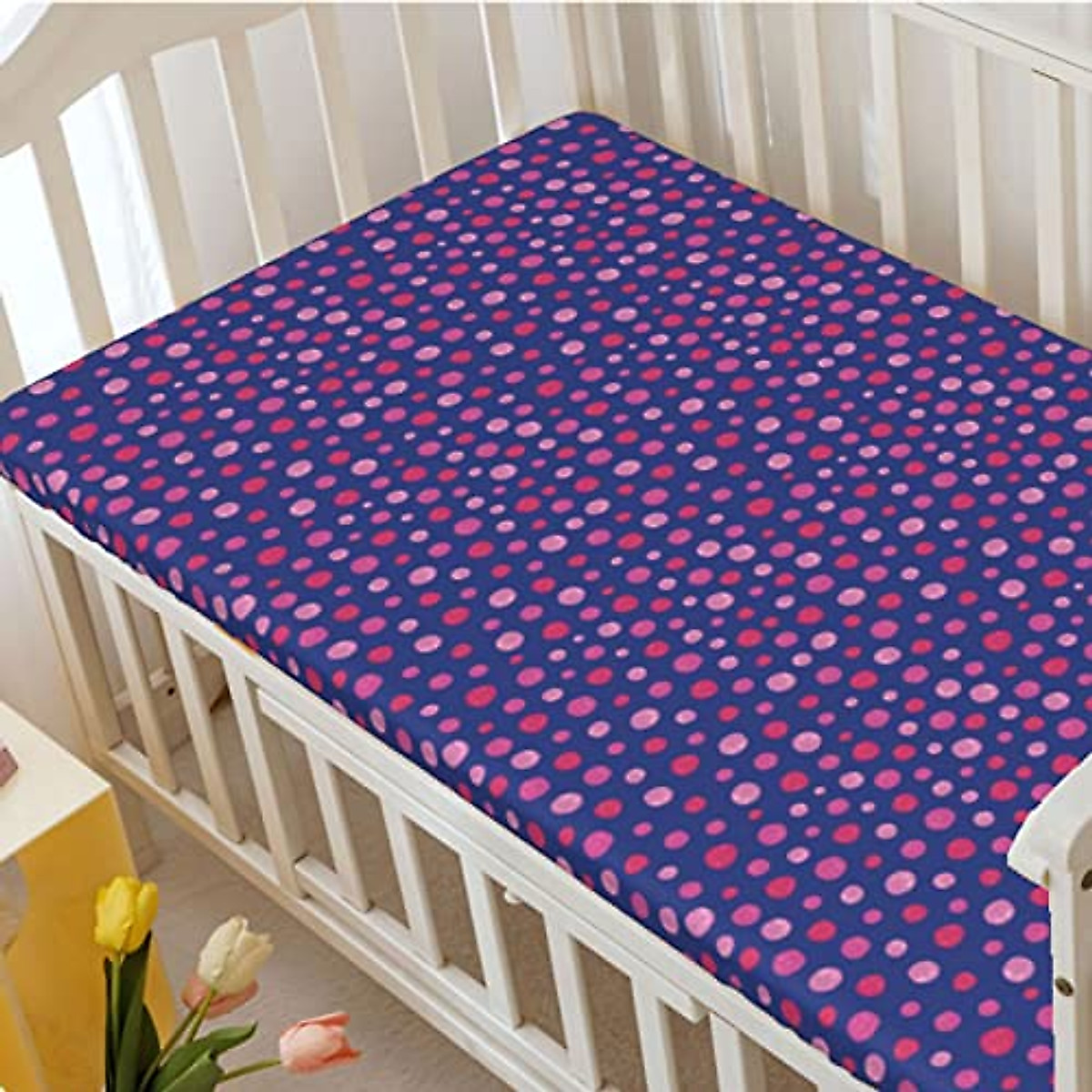 Pink Polka Dots Themed Fitted Mini Crib Sheets,Portable Mini Crib Sheets Soft Toddler Mattress Sheet Fitted-Baby Sheet for Boys Girls,24“ x38“,Magenta Pale Fuchsia Pink Dark Lavender