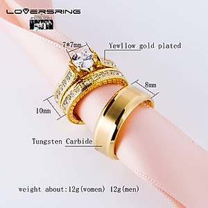 LOVERSRING 3pc Couple Ring Bridal Sets Women 14k Yellow Gold Plated Cz Man Tungsten Carbide Band Wedding Ring Sets for Him and Her