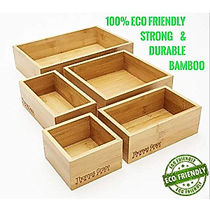 Thomas Grace Homewares 5-Piece Bamboo Storage Box & Organizer Set Multi-sized Set of 5 Drawer Dividers Organizer Boxes for kitchen, office, jewellery, junk, cosmetic, bath, bedroom or Gift.