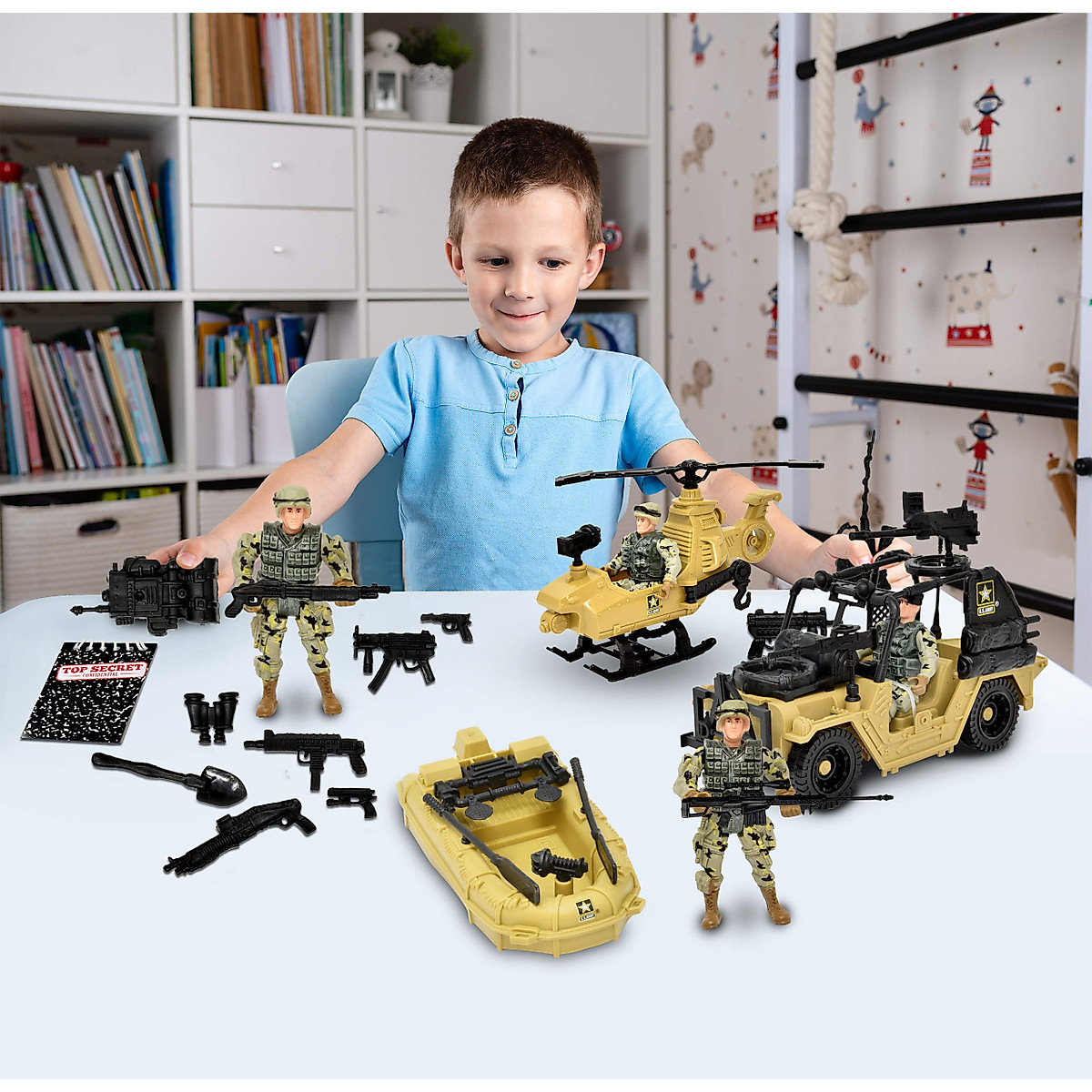 US Army Men Action Figure Toy Playset for Boys Desert Forces and Rescue Team Military Vehicle, Rescue Boat and Helicopter 4 Military Men Action Figures with Weapon Accessories and Top Secret Notepad
