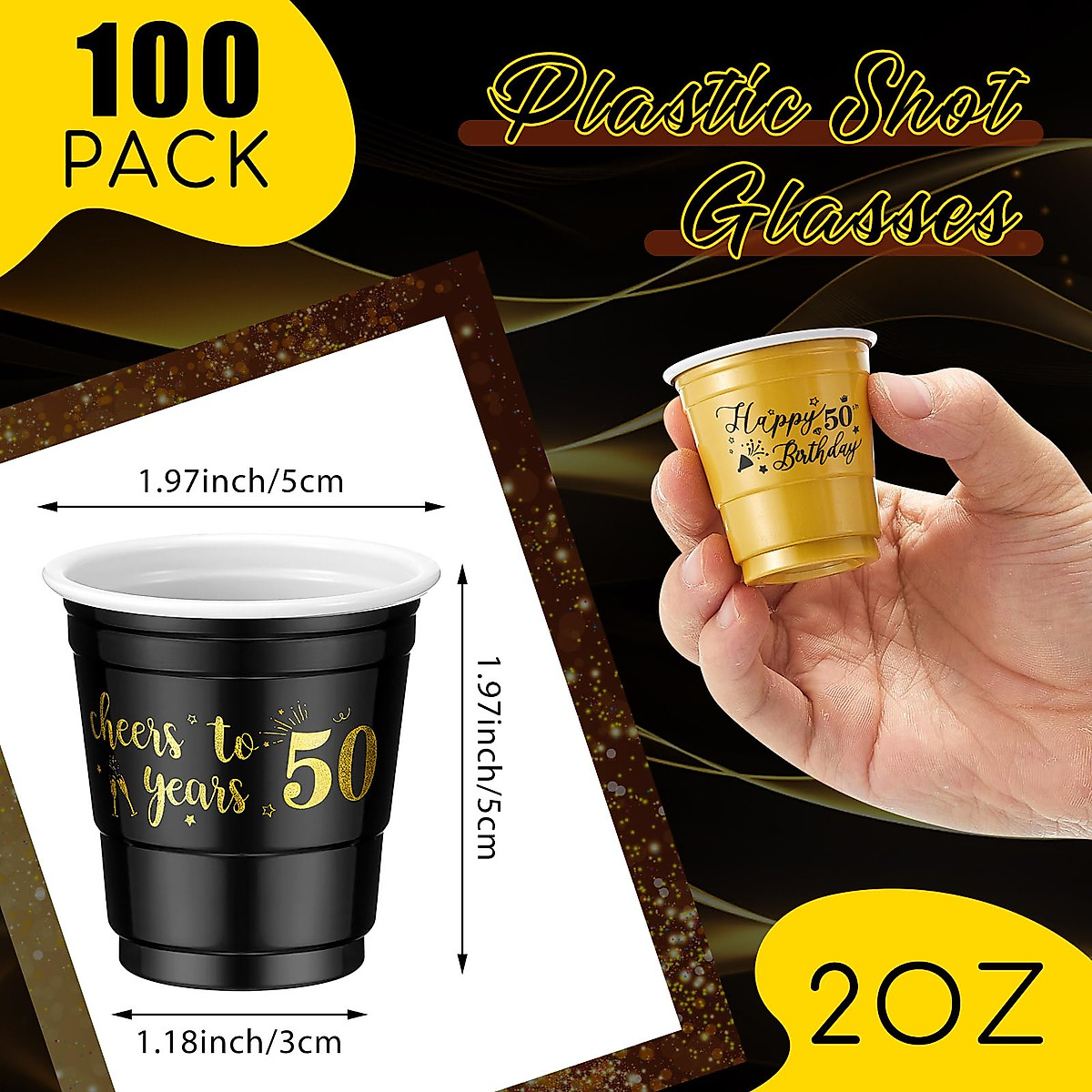 Ziliny 100 Pcs 50th Birthday Plastic Shot Glasses 2 oz Disposable Cups Bulk for Women Men Anniversary Wedding Party Decorations Favors