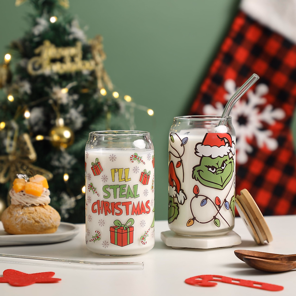 WODOHOLO Christmas Cups 16oz Christmas Coffee Can Glass with Lid and Straw Xmas Grin-ch Tree Tumbler Drinking Glasses Coffee Cups Decor Glass Water Bottles Gift for Women Kids Men