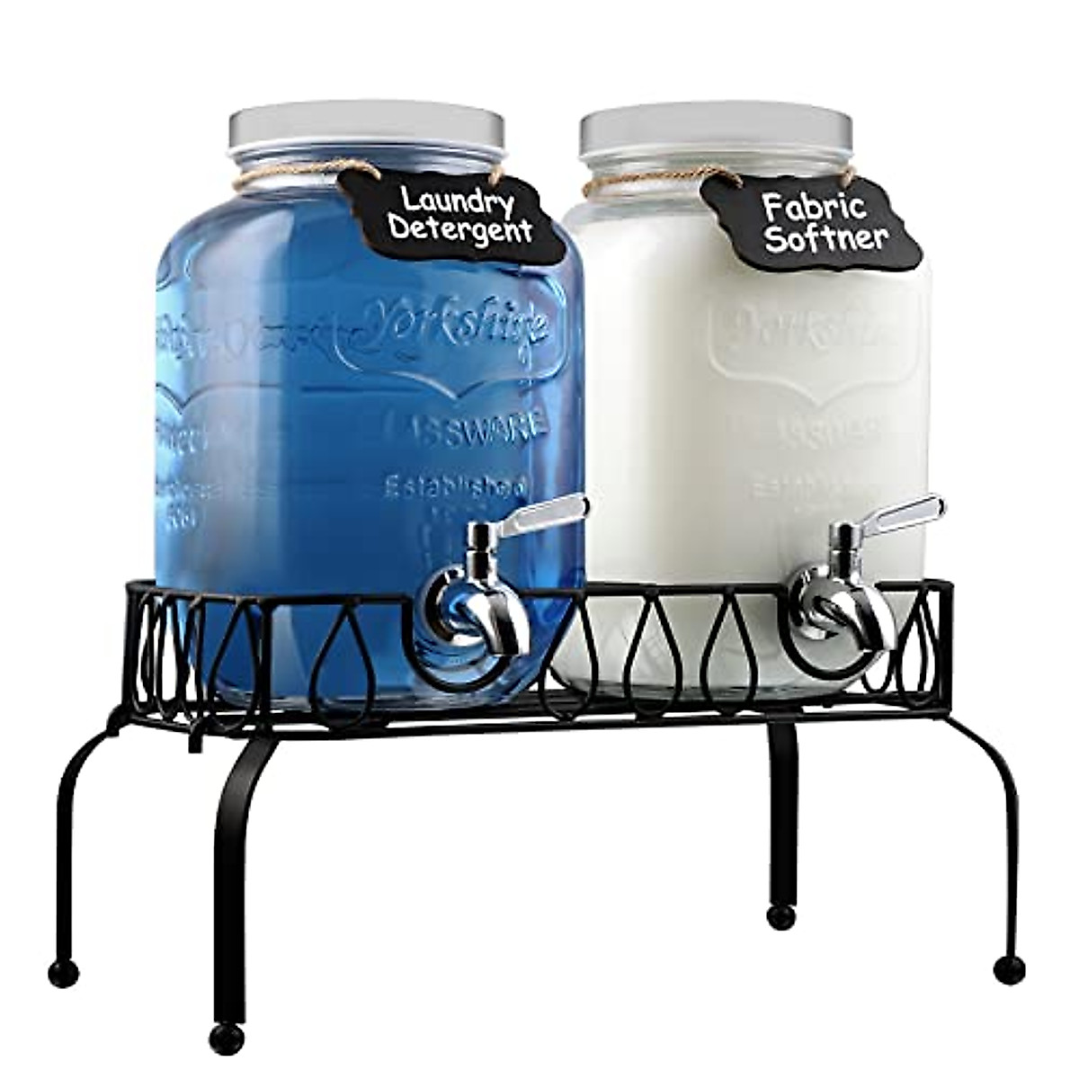 1 Gallon Beverage Dispenser with Stand, 18/8 Stainless Steel Spigot- [2 Pack] Airtight & Leakproof Glass Sun Tea Jar with Anti-Rust Lids, Drink Dispensers for Parties - Laundry Detergent Dispenser