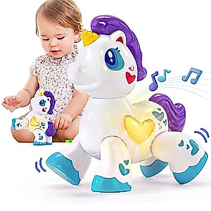 hahaland Toddler Girl Toys Unicorn Toy for 1 Year Old Girl, Musical Light up Kid Girl Interactive Travel Toys, Baby Toys 12-18 Months, 1+ Year Old Girl Birthday Gifts