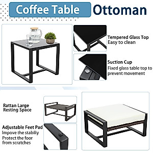 ARTLOFT 5 Pieces Patio Bistro Set, Outdoor Wicker Furniture Set Modern Rattan Patio Chairs with Side Table & Ottomans, Patio Conversation Sets for Balcony, Apartment, Porch, Garden (White)