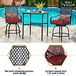 PHI VILLA Outdoor Swivel Bar Stools Set of 2, 27.5" Bar Height Patio Chairs with Red Seat Cushion, Extra Wide Bar Stools with Armrest & Back, Coating Old Craft (Pillow Included)