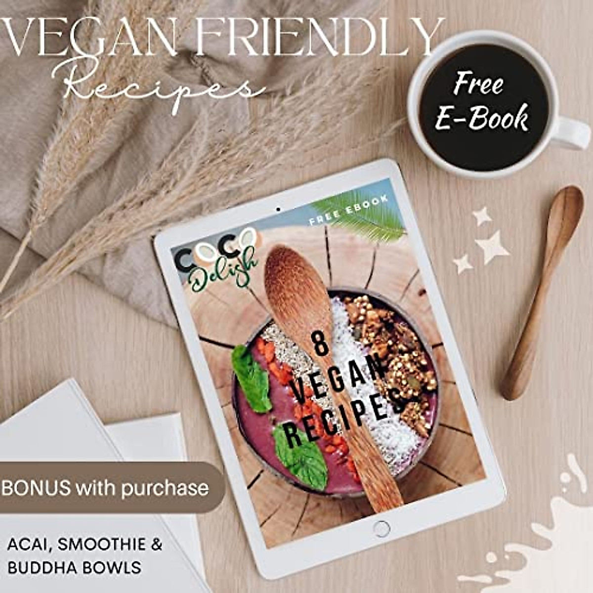 Coconut Bowl with Natural Wooden Spoons (Set of 4), Includes Disposable Drinking Straws - Vegan Organic. Plus BONUS Recipe