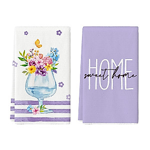 Artoid Mode Purple Stripes Flowers Bloom Spring Kitchen Towels Dish Towels, 18x26 Inch Seasonal Summer Holiday Decoration Hand Towels Set of 2