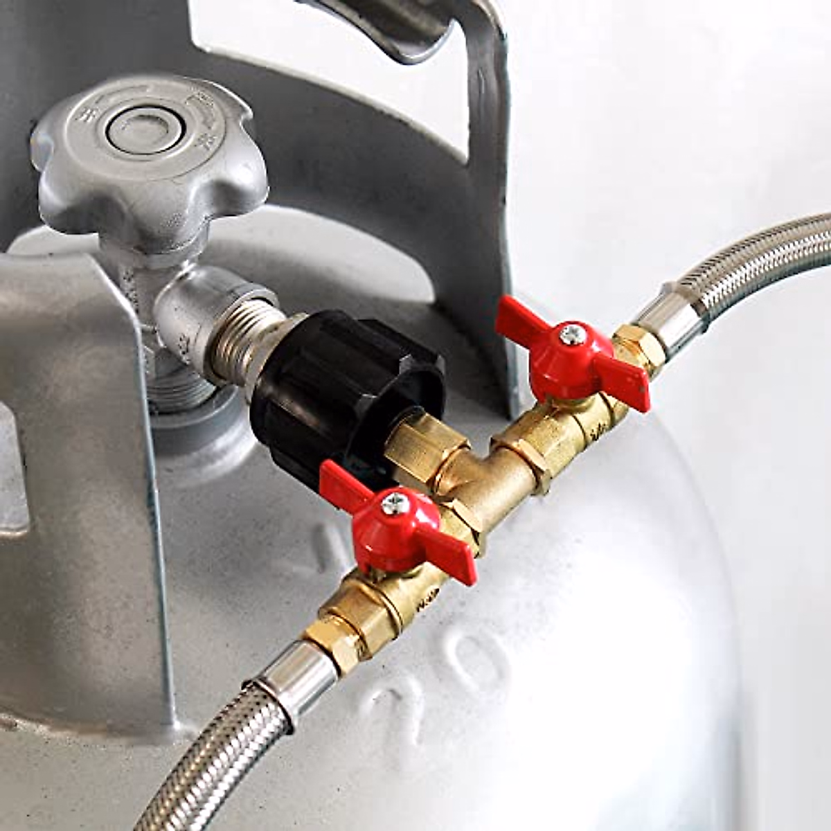 MENSI Upgrade 5 Feet 2 Way Y Splitter CGA Propane Tank Converter Adapter Braided Stainless Hose Assembly Replacement for QCC1 / Type1 20lbs Gas Tank for Camping Grill Stove