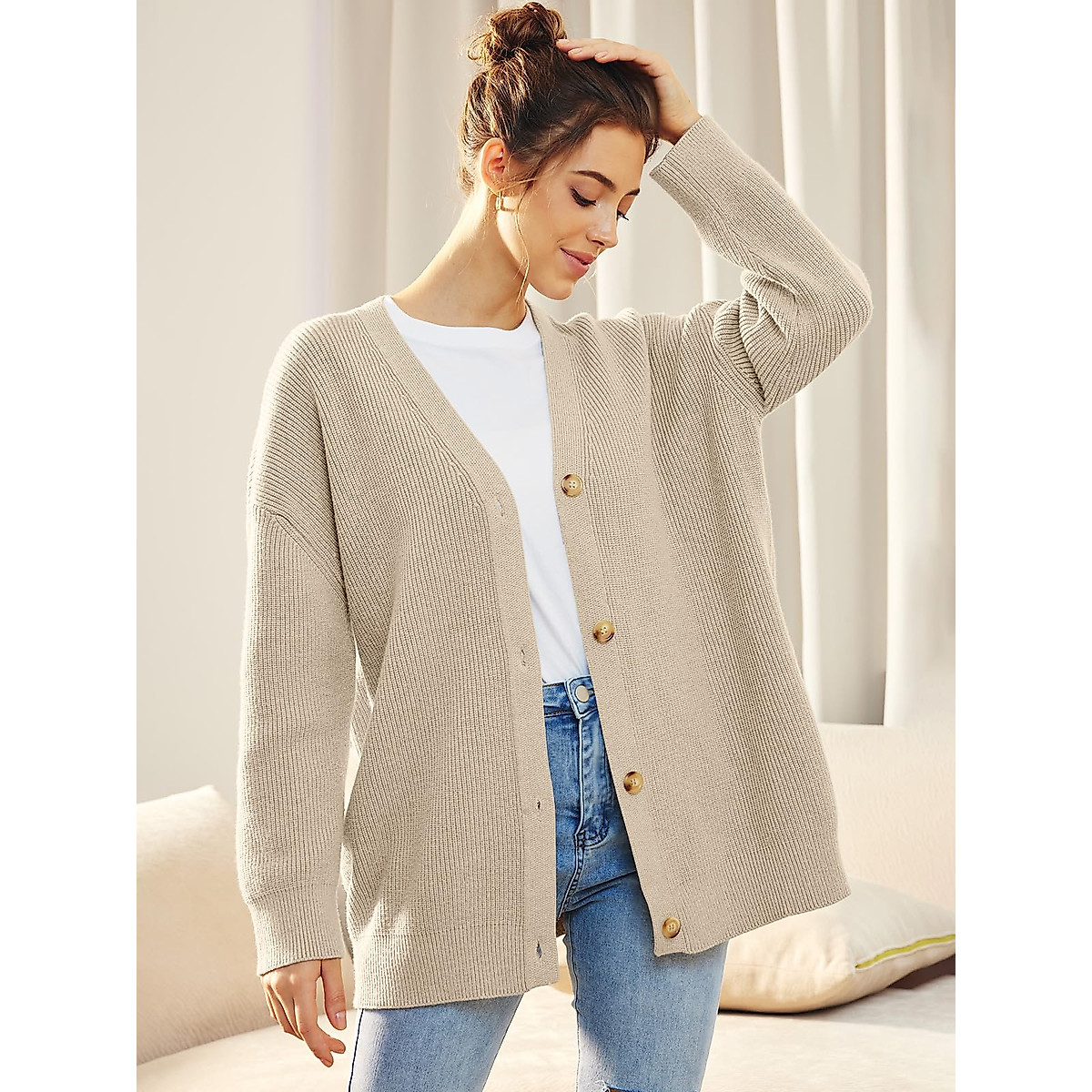 EFAN Womens Winter Trendy Sweaters 2025 Fall Oversized Sweater Long Cardigans V Neck Lightweight Knit Clothes Outfits Apricot