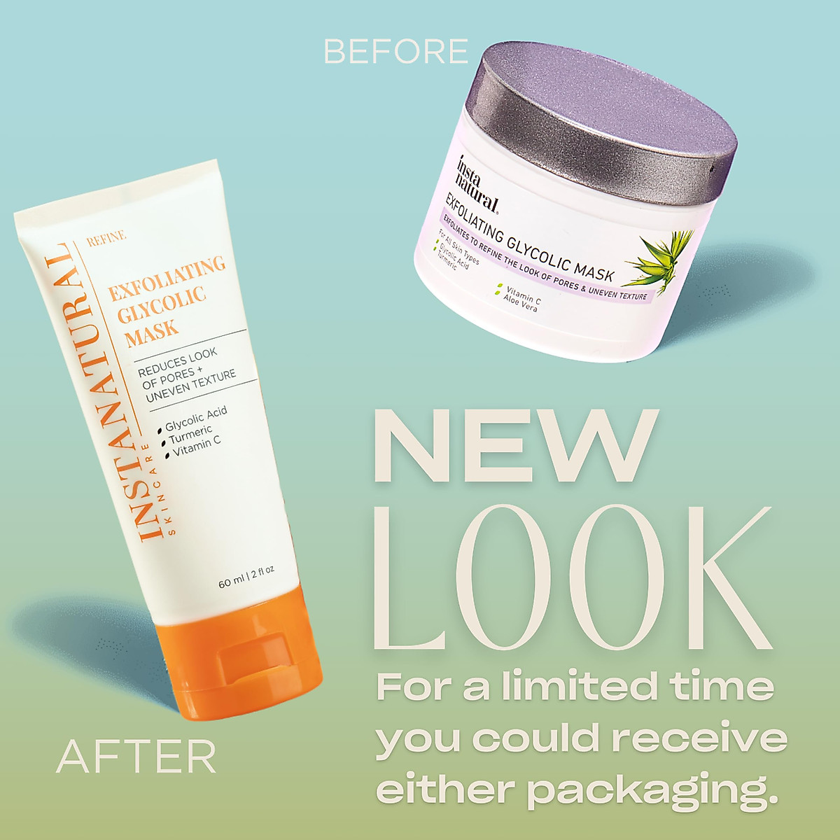 InstaNatural Exfoliating Glycolic Acid Face Mask for Women & Men, Gentle Exfoliator, Pore Minimizer, Anti Aging, Blackhead Remover, Acne Facial Treatment with Vitamin C and Turmeric, 2 Fl Oz