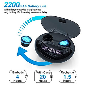 Wireless Earbuds Bluetooth Headphones, Sport Earphones with Mic LED Display, Noise Cancelling Headset with Wireless Charging Case, 24H Playtime,IPX7 Waterproof Touch Control Over-Ear Earbuds-Blue