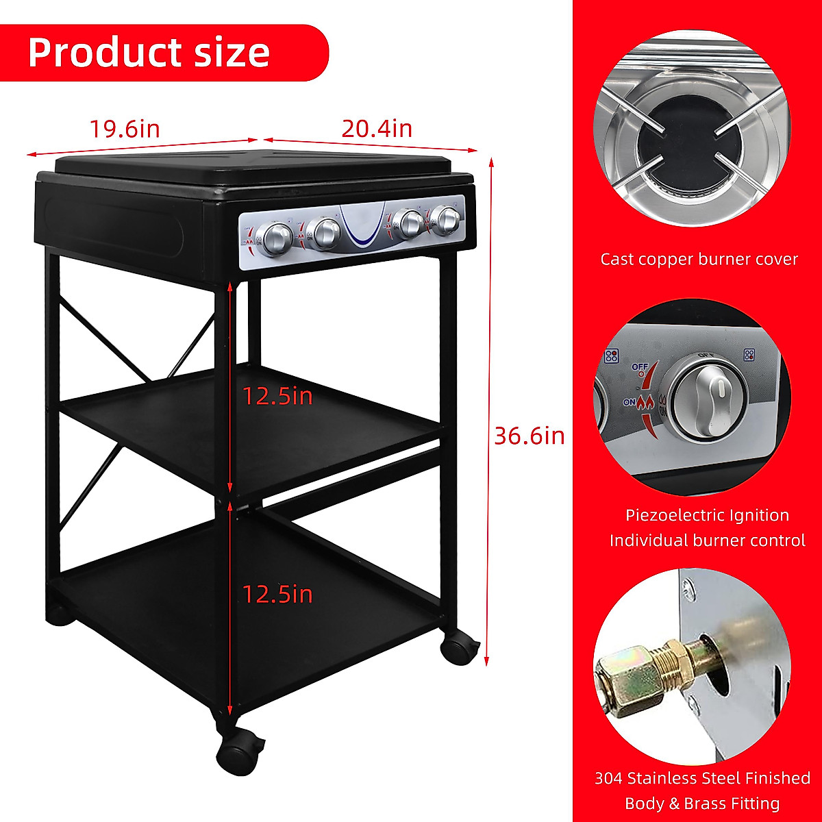 4 Burner Gas Stove Camping Stove Propane Burner Portable Stable RV Stove Top Stainless Steel Camping Grill Stove Outdoor Safety with Removable Stand, CSA Certified Gas Regulator and Hose Easy to Clean