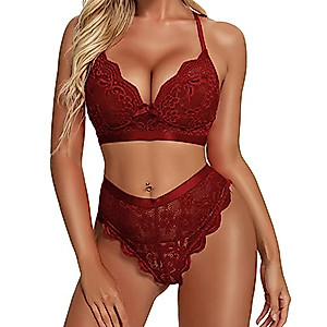 KYLELOVE Negligee Lingerie Set Sleepwear Set Lace Bra and Panty Set Wine Red