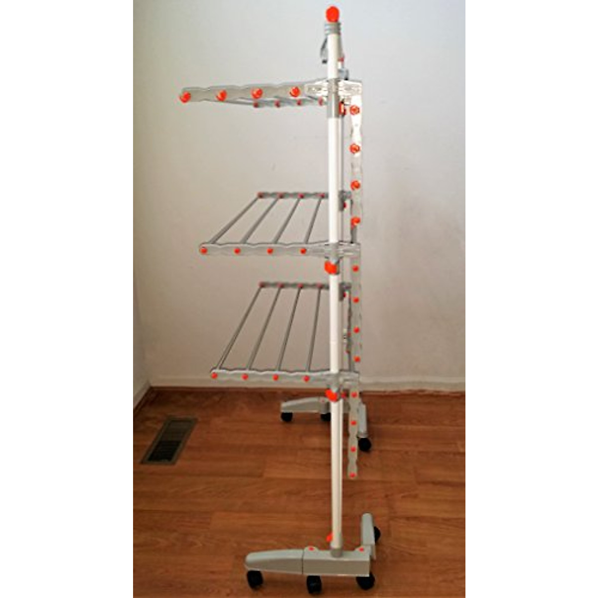 idee BDP-V23 Foldable Rolling 3-Tier Clothes Laundry Drying Rack with Stainless Steel Hanging Rods, Collapsible Shelves and Base for Easy Storage, Made-in-Korea, Premium Size, Orange