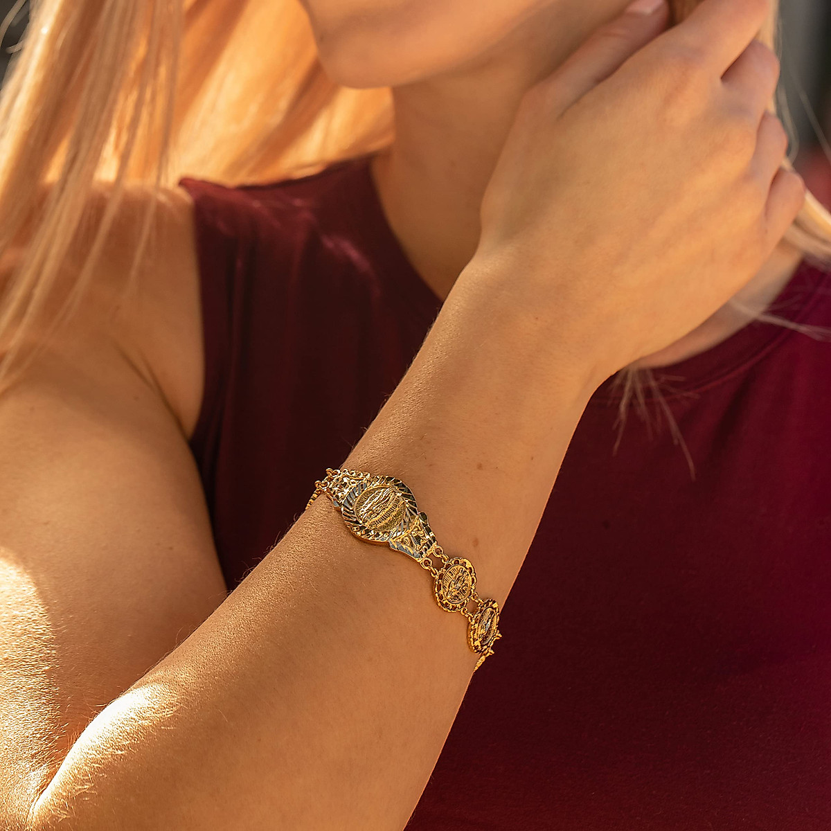 LIFETIME JEWELRY Lady of Guadalupe Emblem Link Bracelet for Men & Women 24K gold plated (7)