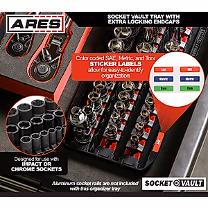 ARES 60142 - SOCKET VAULT 3-Piece 17.5-Inch Socket Rail Organizer Tray – Reinforced Plastic Tray Locks 3 17-Inch Aluminum Rails in Place – Includes 6 Locking End Caps for ARES Aluminum Socket Rails