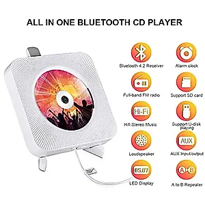 Portable CD Player with Bluetooth, Qoosea Wall Mountable CD Players Music Player Home Audio Boombox with Remote Control FM Radio Built-in HiFi Speakers LCD Display MP3 Headphone Jack AUX Input Output