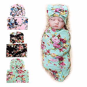 DRESHOW BQUBO Newborn Floral Receiving Blankets Newborn Baby Swaddling Hats Sleepsack Toddler Warm 3 Pack