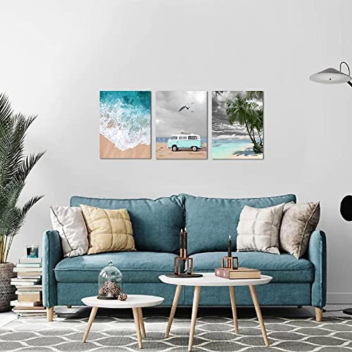 Enartly Beach Canvas Wall Art Coastal Turquoise Pictures Bathroom Decor Trees Paintings Sea Wave Blue Teal Ocean Vocation Bus Artwork Framed for Bedroom Living Room Dinning Room Decor 12"x16"x3 Panels