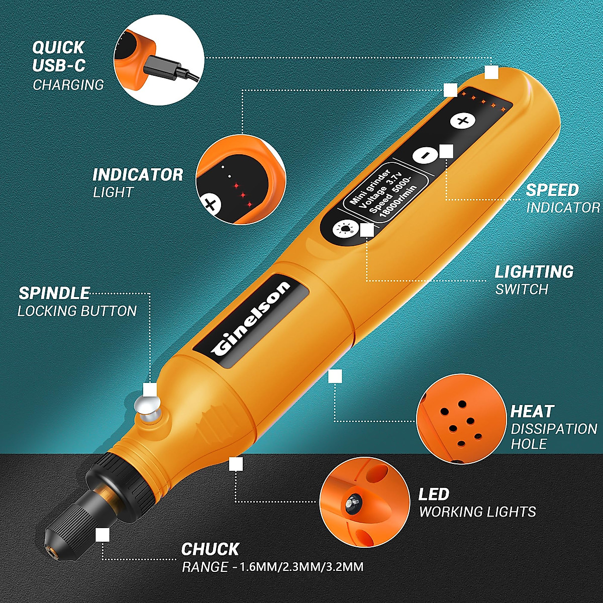 GINELSON Cordless Rotary Tool, 2000 mAh Battery Pack, 5-Speed and USB-C Charging Rotary Tool Kit with 70 Accessories, Multi-Purpose 3.7V Power Rotary Tool for Sanding, Polishing, Engraving, DIY Crafts